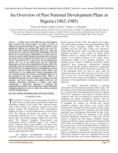 T An Overview of Past National Development Plans in Nigeria (1962-1985)
