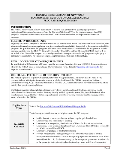 FEDERAL RESERVE BANK OF NEW YORK BORROWER-IN-CUSTODY OF COLLATERAL (BIC ...
