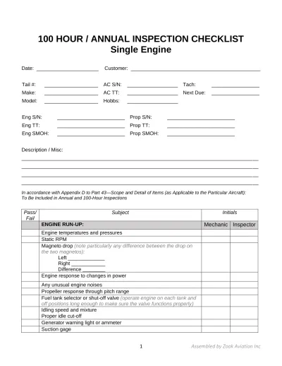 100 HOUR / ANNUAL INSPECTION CHECKLIST Single Engine