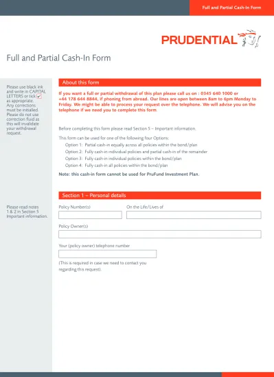 Full and Partial Cash-In Form