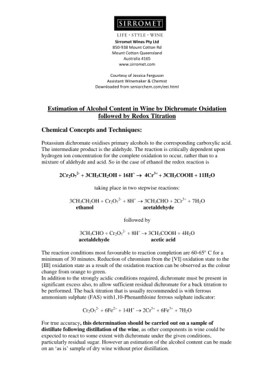Estimation of Alcohol Content in Wine by Dichromate Oxidation followed ...