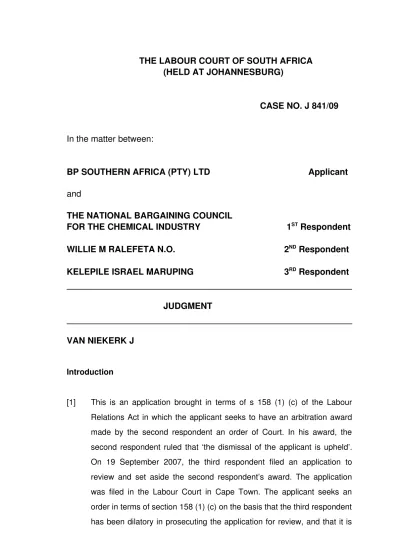 THE LABOUR COURT OF SOUTH AFRICA (HELD AT JOHANNESBURG) BP SOUTHERN ...
