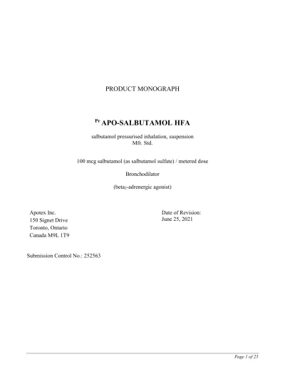 PRODUCT MONOGRAPH APO-SALBUTAMOL HFA. salbutamol pressurised inhalation ...