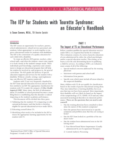 The IEP for Students with Tourette Syndrome: an Educator s Handbook
