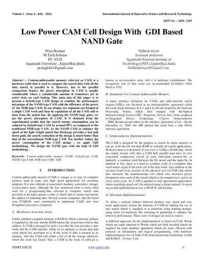 Low Power CAM Cell Design With GDI Based NAND Gate