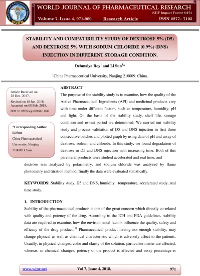 STABILITY AND COMPATIBILITY STUDY OF DEXTROSE 5% (D5) AND DEXTROSE 5% ...