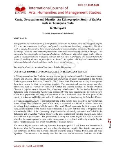 Caste, Occupation and Identity: An Ethnographic Study of Rajaka caste ...