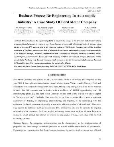 Business Process Re-Engineering In Automobile Industry: A Case Study Of ...