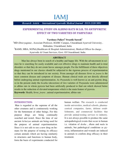 EXPERIMENTAL STUDY ON ALBINO RATS W.S.R. TO ANTIPYRETIC EFFECT OF TWO ...