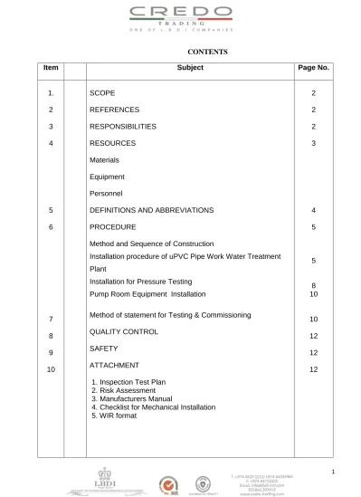 Method Statement for the Installation of Water Treatment Plant