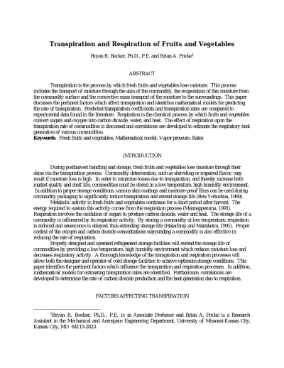 Transpiration and Respiration of Fruits and Vegetables