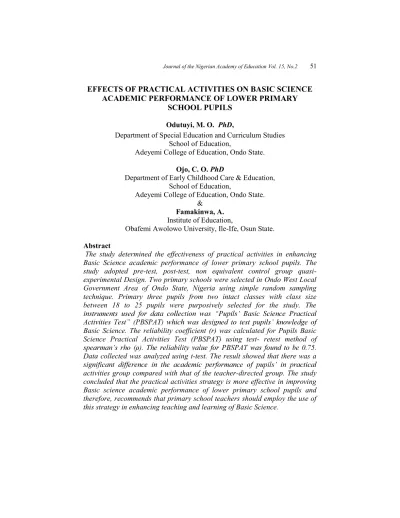 EFFECTS OF PRACTICAL ACTIVITIES ON BASIC SCIENCE ACADEMIC PERFORMANCE ...