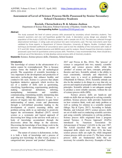 Assessment of Level of Science Process Skills Possessed by Senior ...