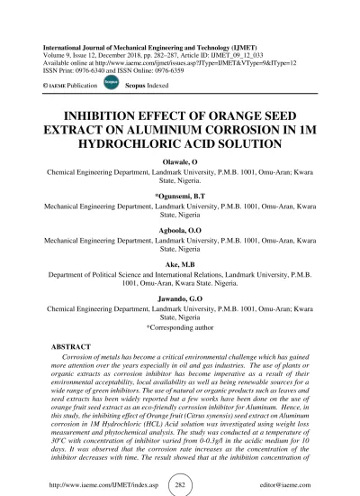 INHIBITION EFFECT OF ORANGE SEED EXTRACT ON ALUMINIUM CORROSION IN 1M ...